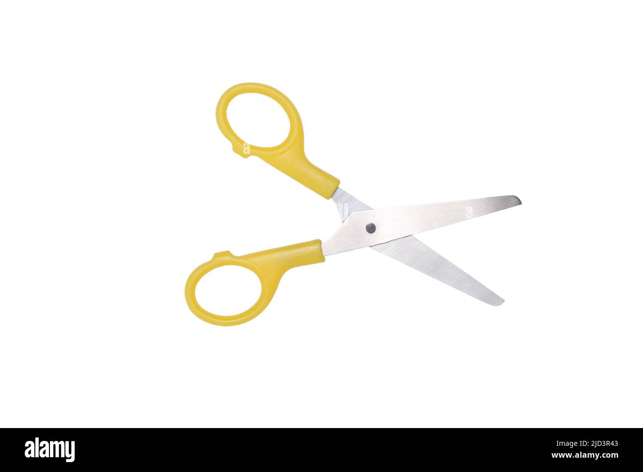 Paper cutting scissors with yellow handle on white background Stock ...