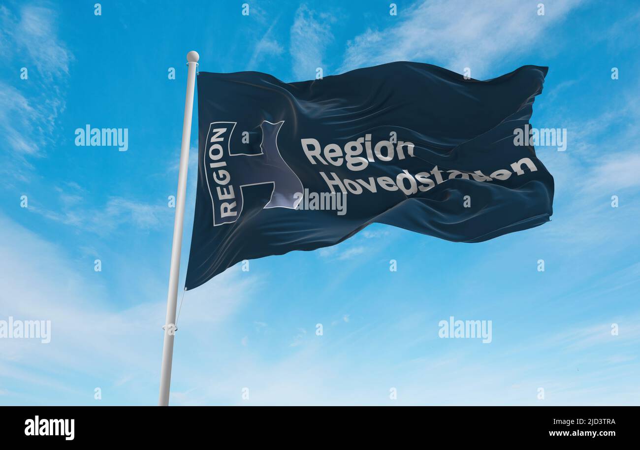 official flag of the Capital Region , Denmark at cloudy sky background ...