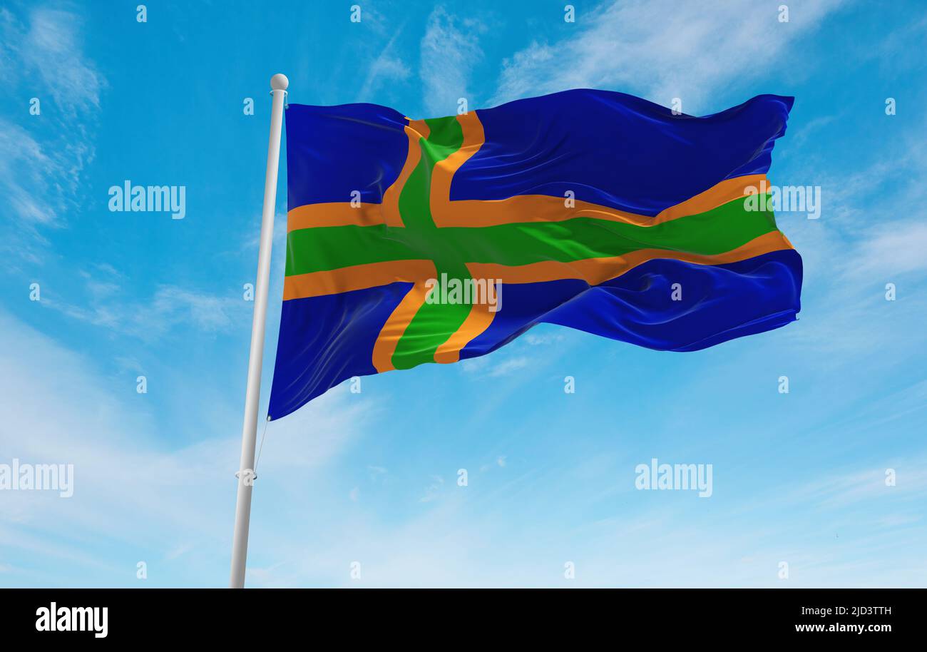 official flag of Unofficial Vendsyssel , Denmark at cloudy sky ...