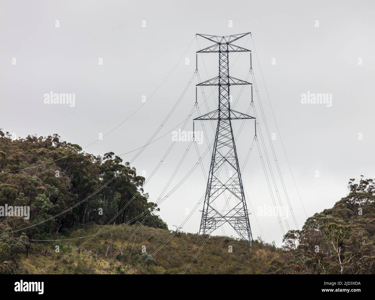 Photograph of a large steel transmission tower and associated cables ...
