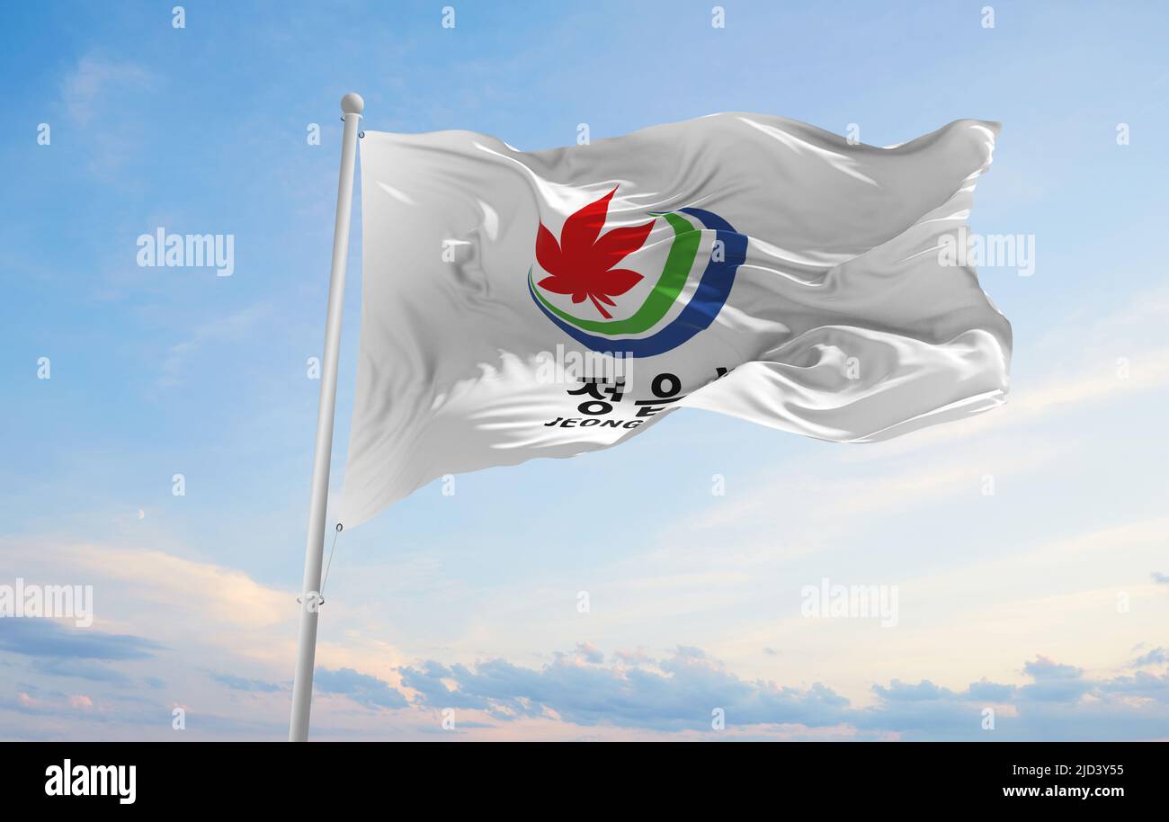 official flag of Jeongeup city, South Korea at cloudy sky background on ...
