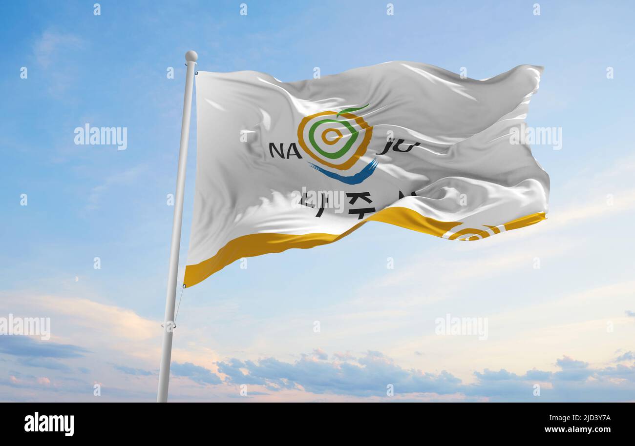 official flag of Naju city, South Korea at cloudy sky background on ...