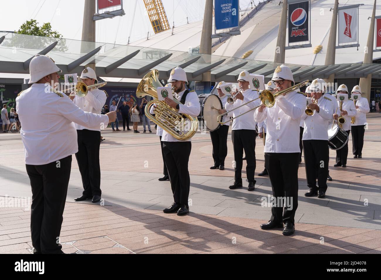 Marching band playing in North Greenwich, near the O2 arena on a hot ...