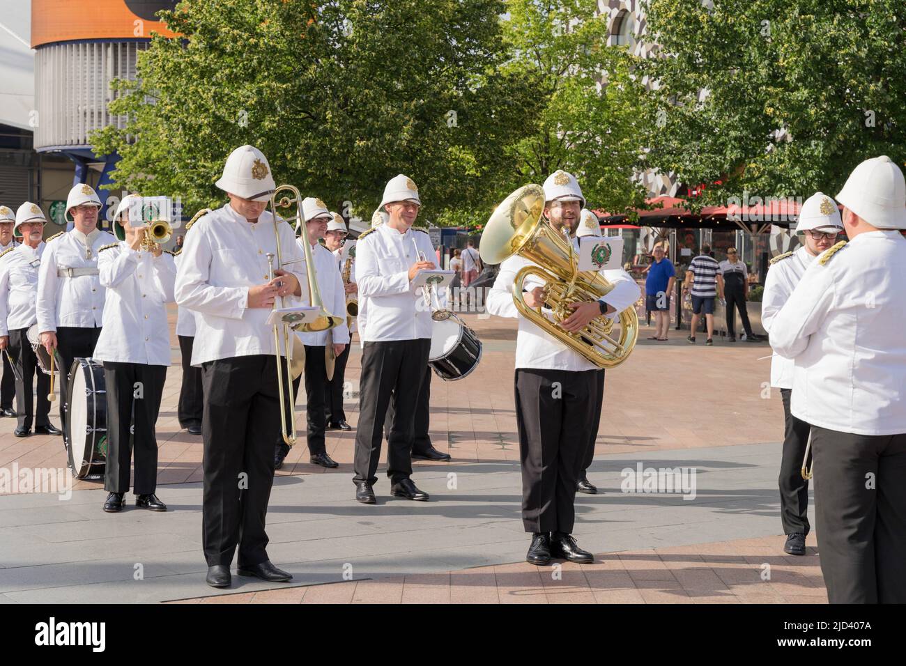 Marching band playing in North Greenwich, near the O2 arena on a hot ...