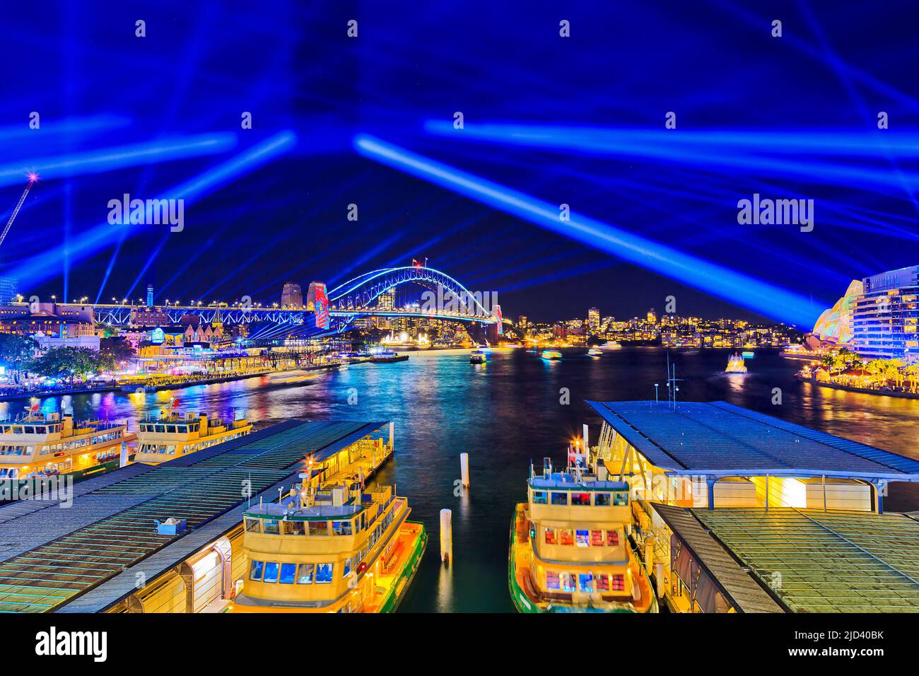 CIrcular quay ferry passenger wharves during Vivid Sydney light show ...