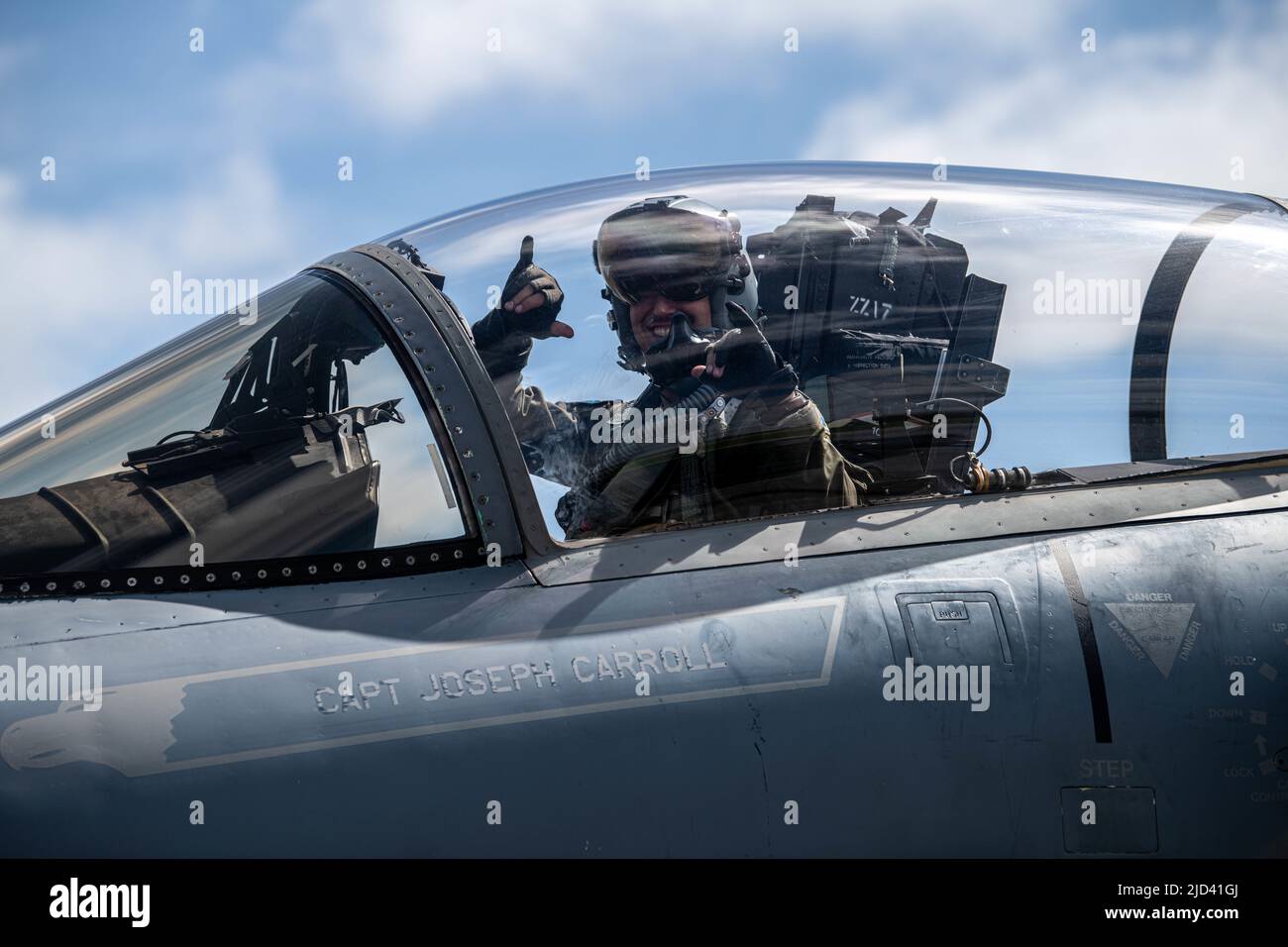 A 44th Fighter Squadron pilot smiles for a picture during an F-15 hot ...