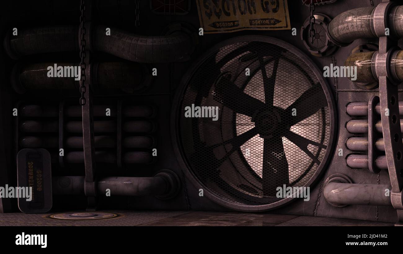 3D-illustration of a ventilation room in a science fiction starship ...