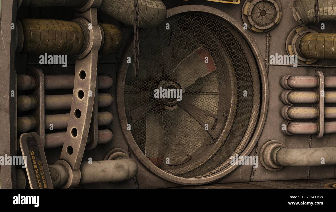 3D-illustration of a ventilation room in a science fiction starship ...