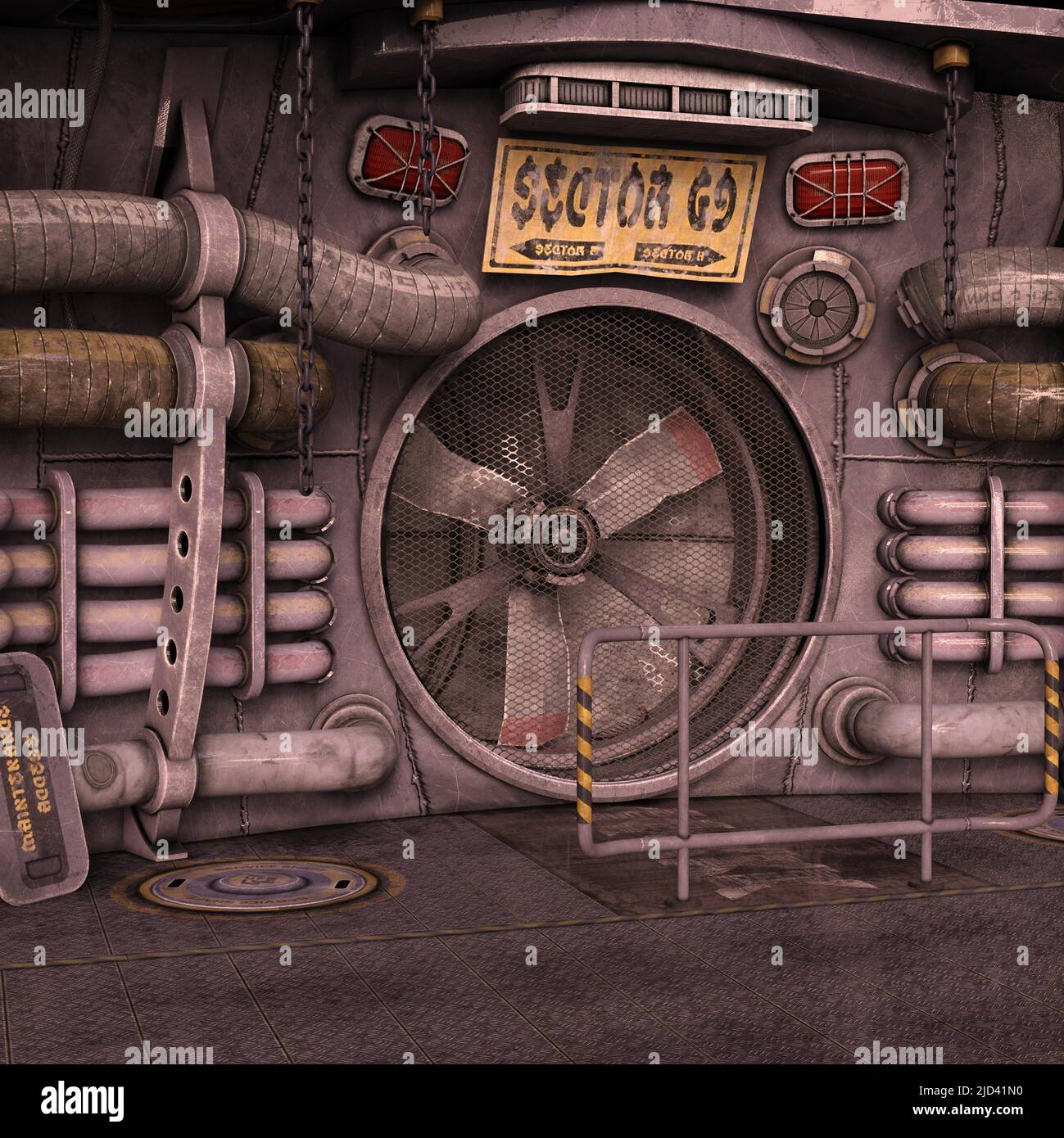 3D-illustration of a ventilation room in a science fiction starship ...