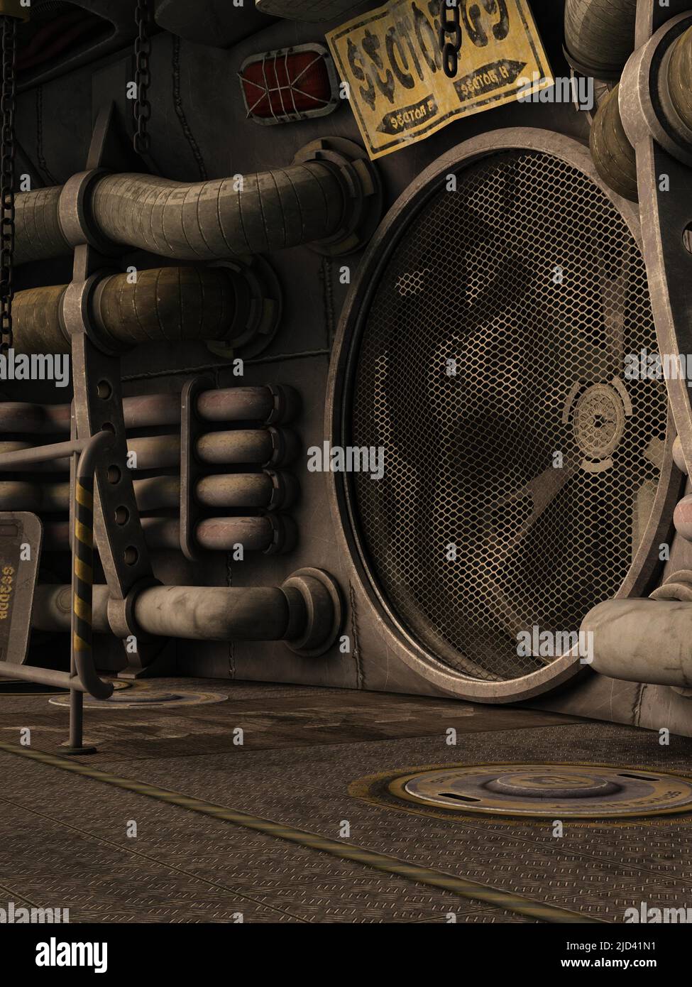 3D-illustration of a ventilation room in a science fiction starship ...