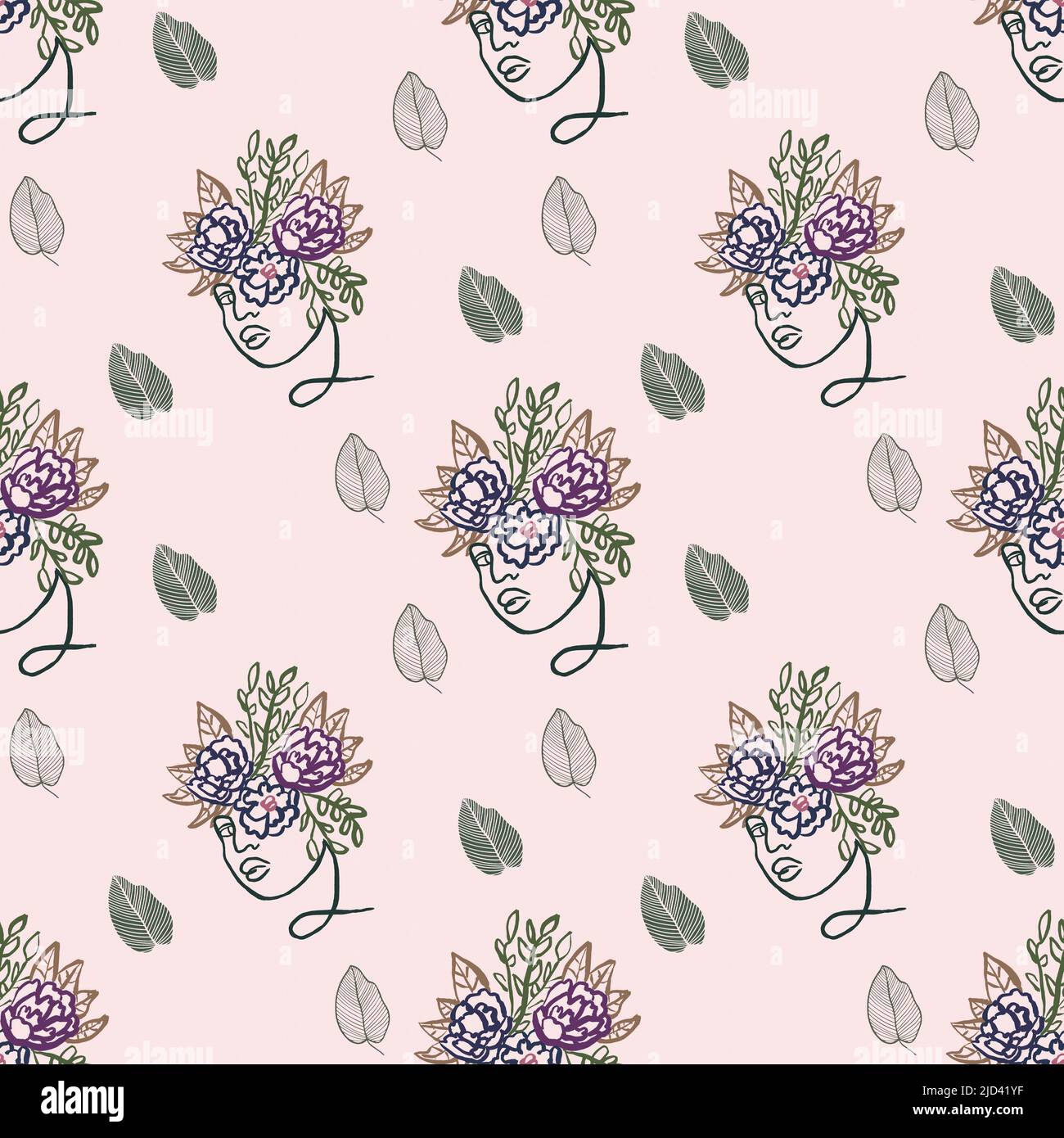 Repeating pattern seamless - hand sketched female face with flower ...