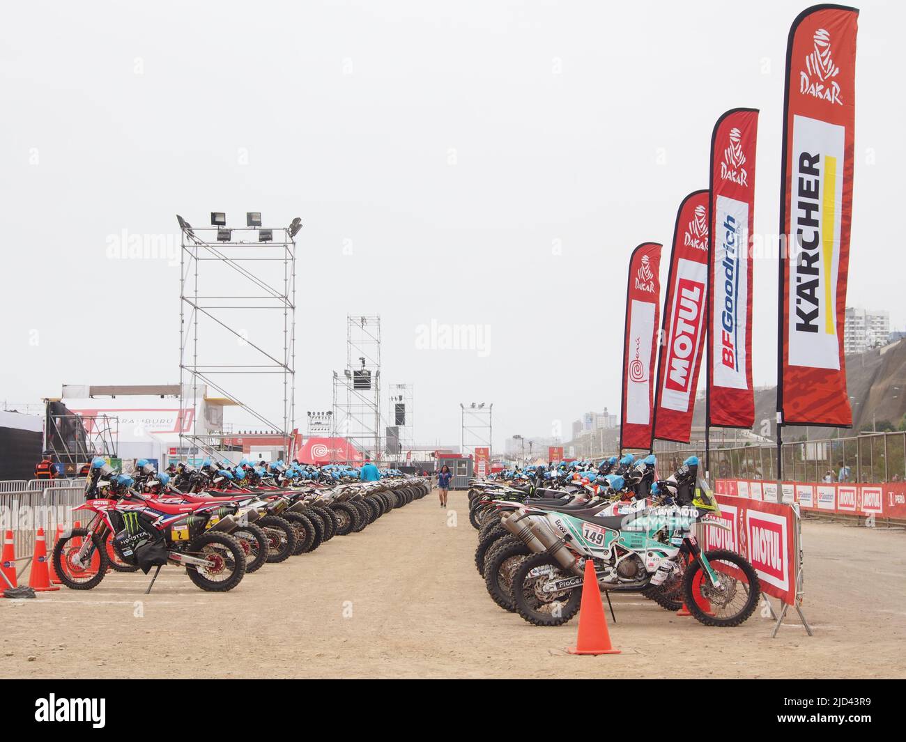 Parking motorcycles waiting for the starting of the 2019 Dakar Rally ...