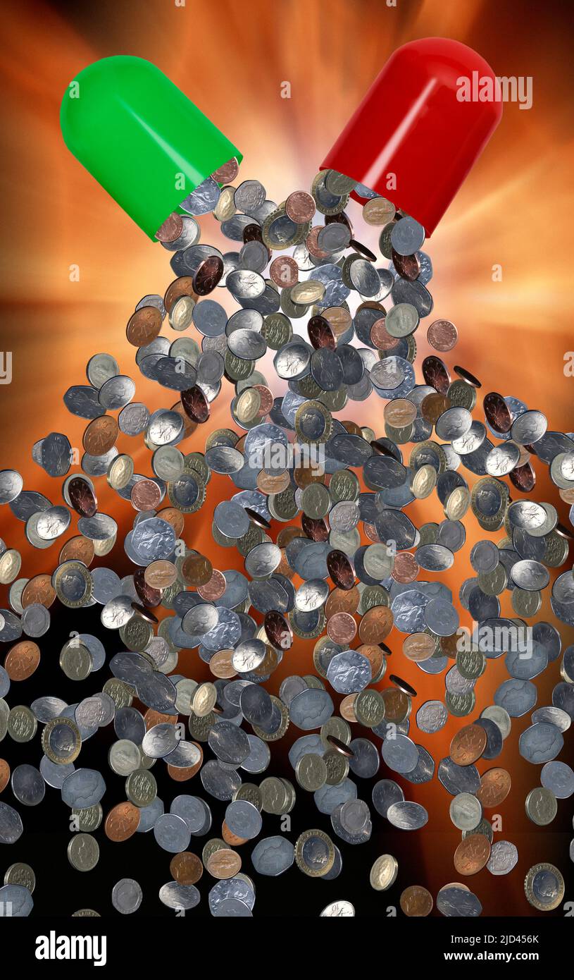 Money spilling out from a pill, conceptual illustration Stock Photo - Alamy
