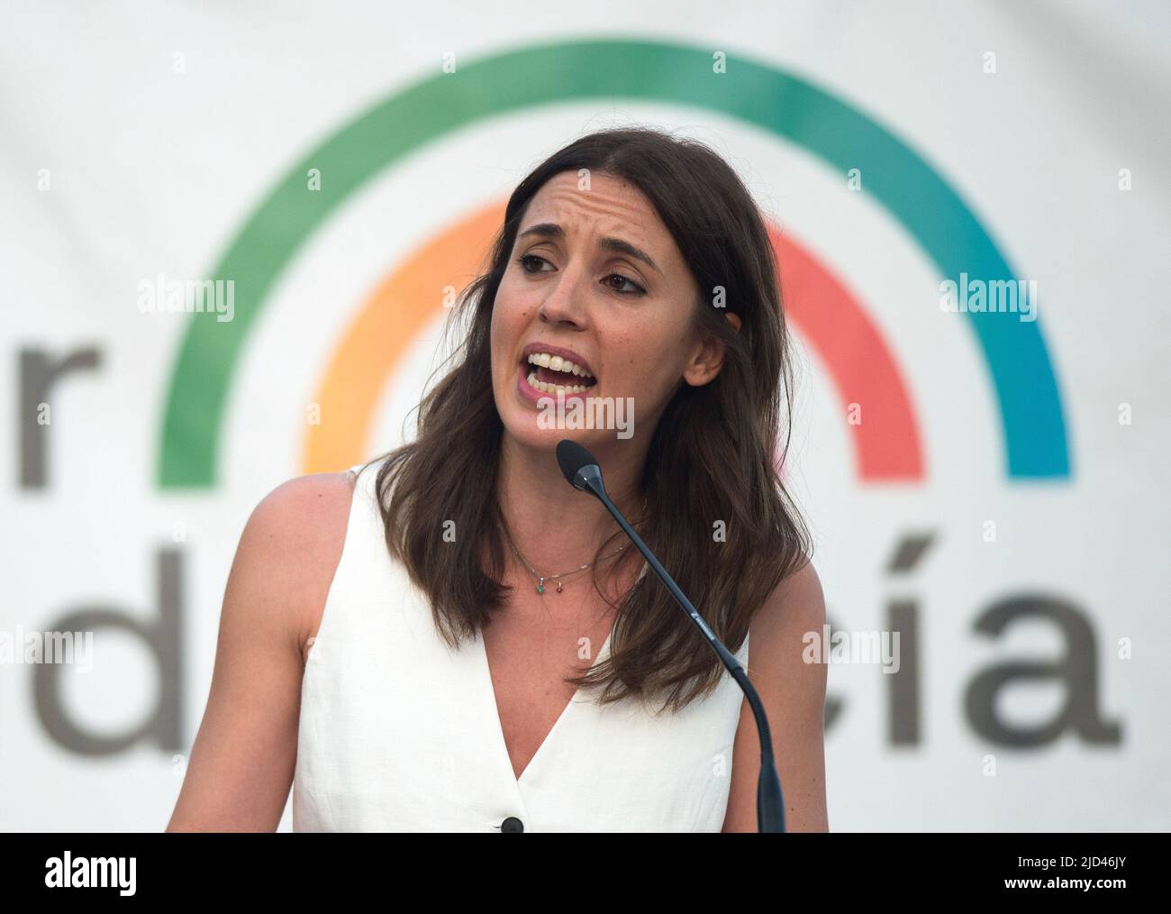 Spain's Minister of Equality Irene Montero delivers a speech in a rally ...