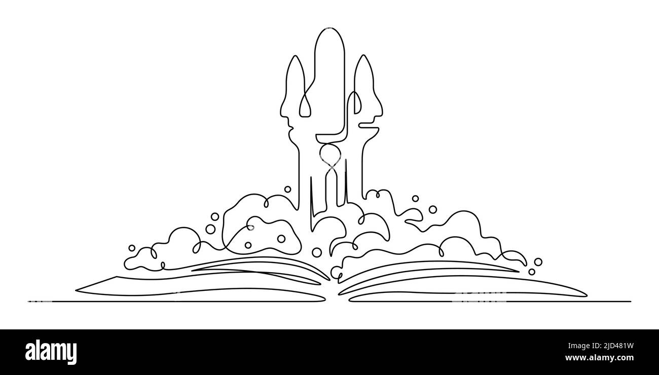 One line drawing of rocket spaceship and book graduation for dream ...