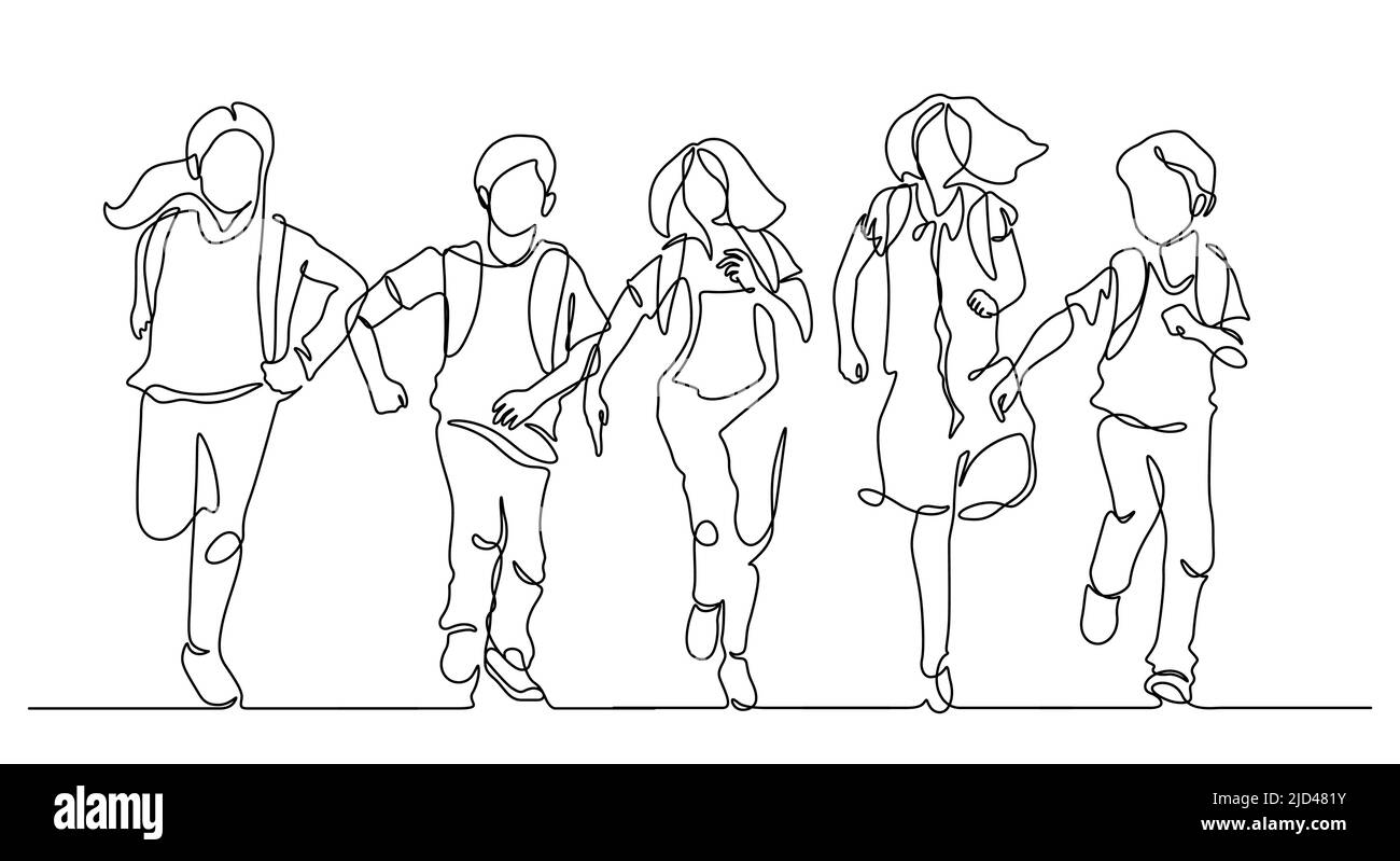one line drawing of friends group enjoy school finish : back to school ...
