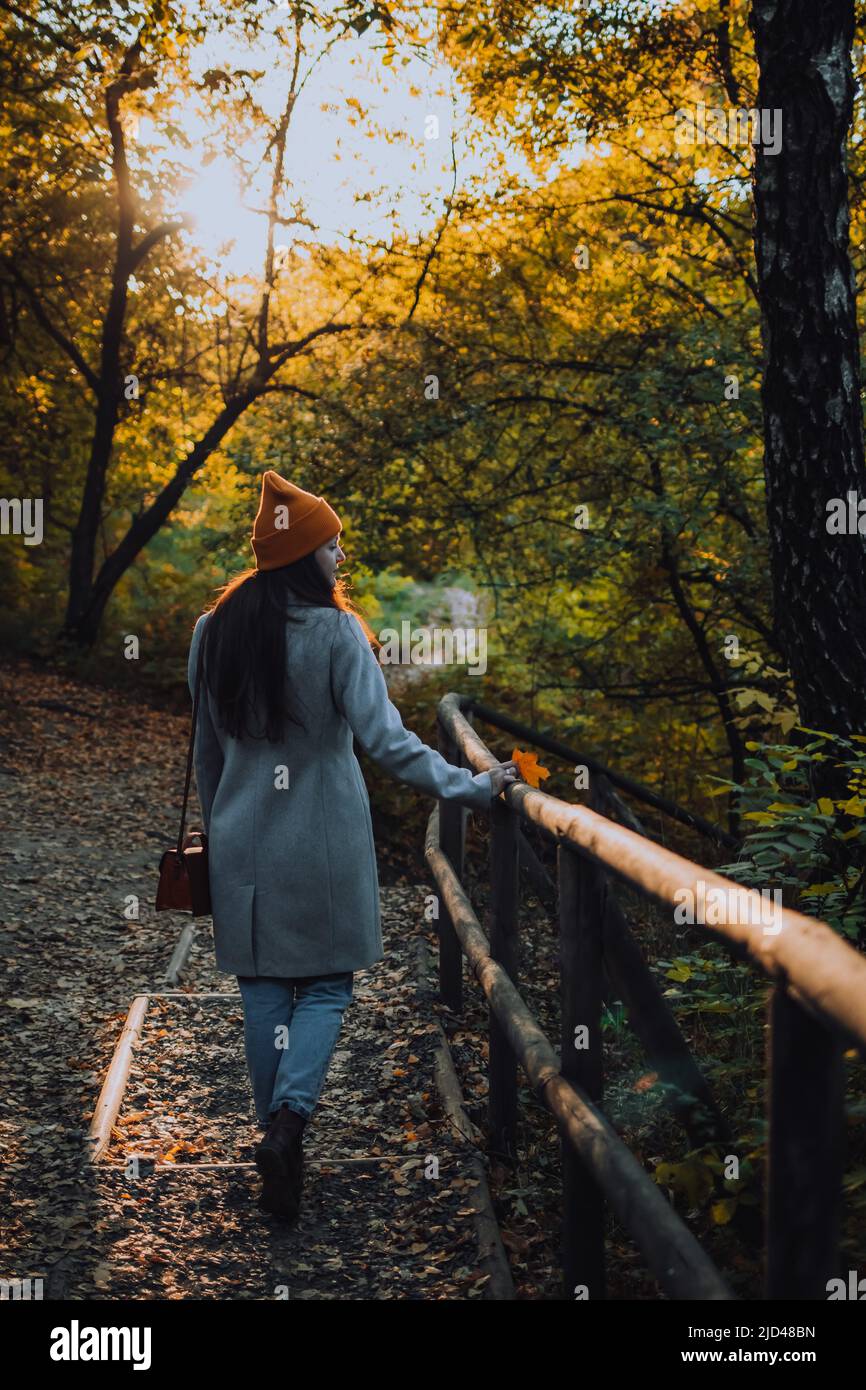 Young girl is walking alone in the wooden park in autumn season Stock ...