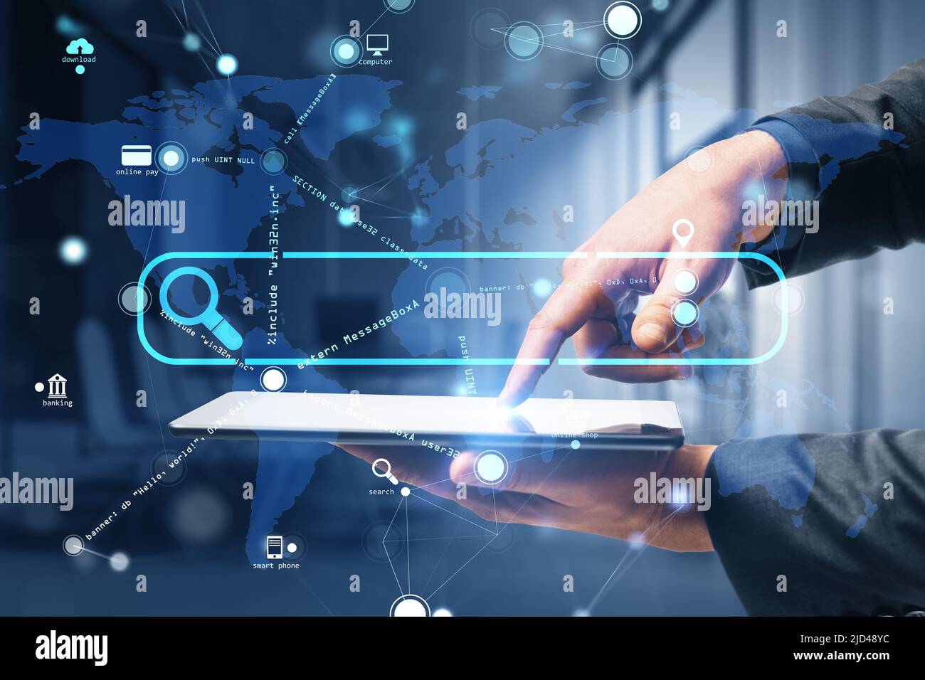 Internet data search and global information network concept with man ...