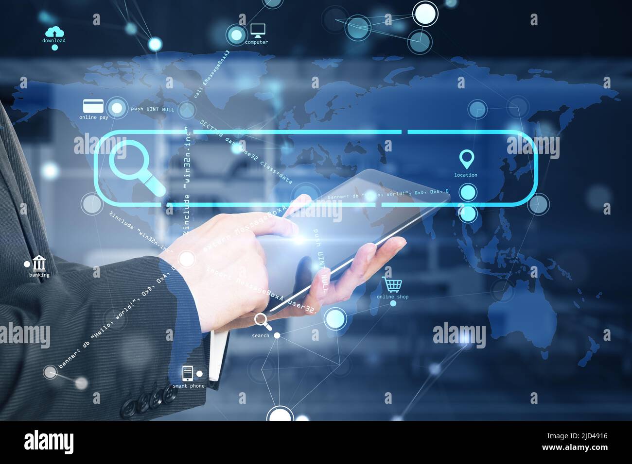 Content research and mobile internet technologies concept with man ...