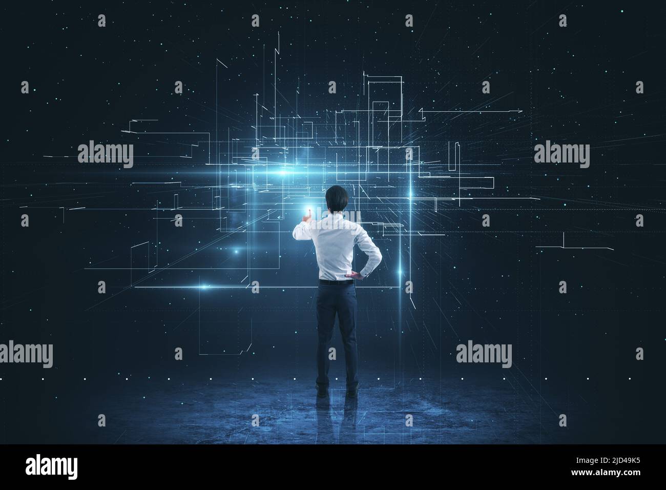 Working and engineering in cyber space concept with back view on ...