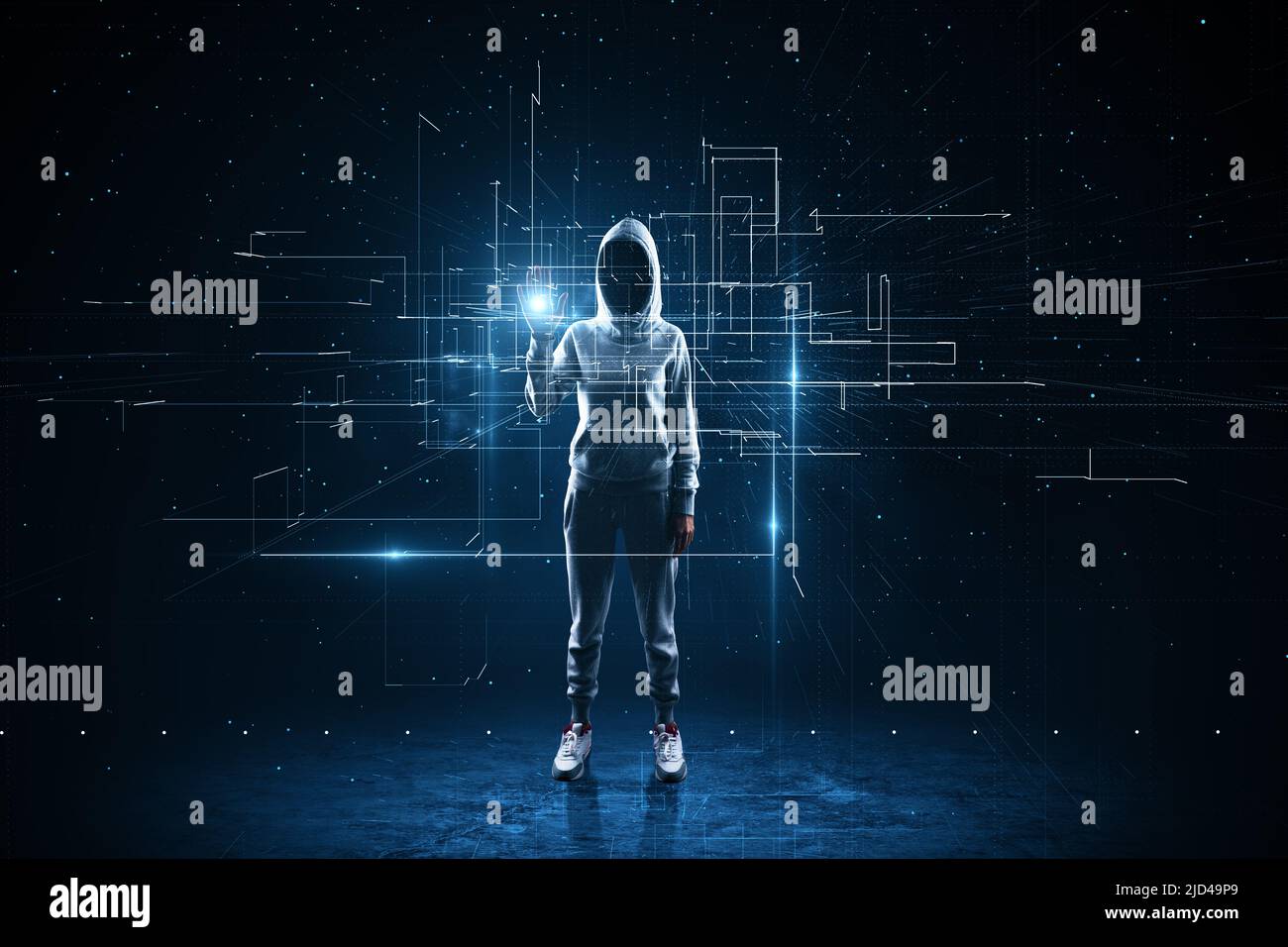 Cyber space security concept with faceless hacker in sport suit working ...