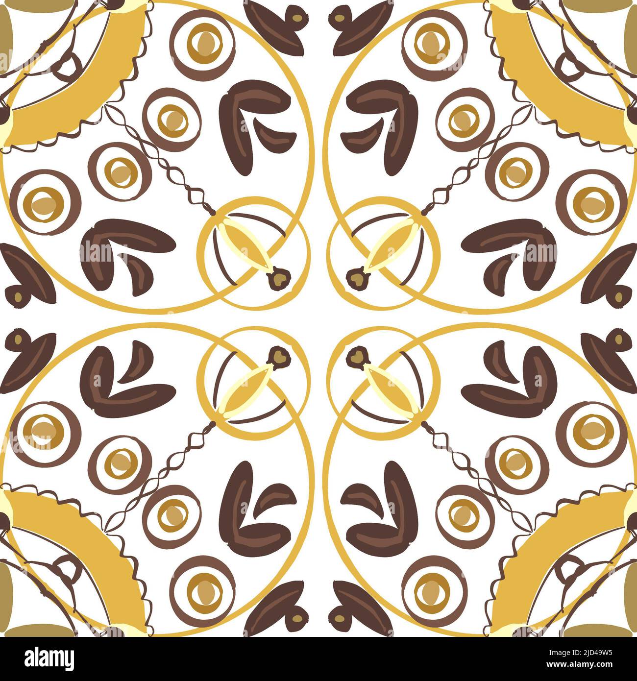 Hand painted mandala style in brown and yellow seamless surface pattern ...