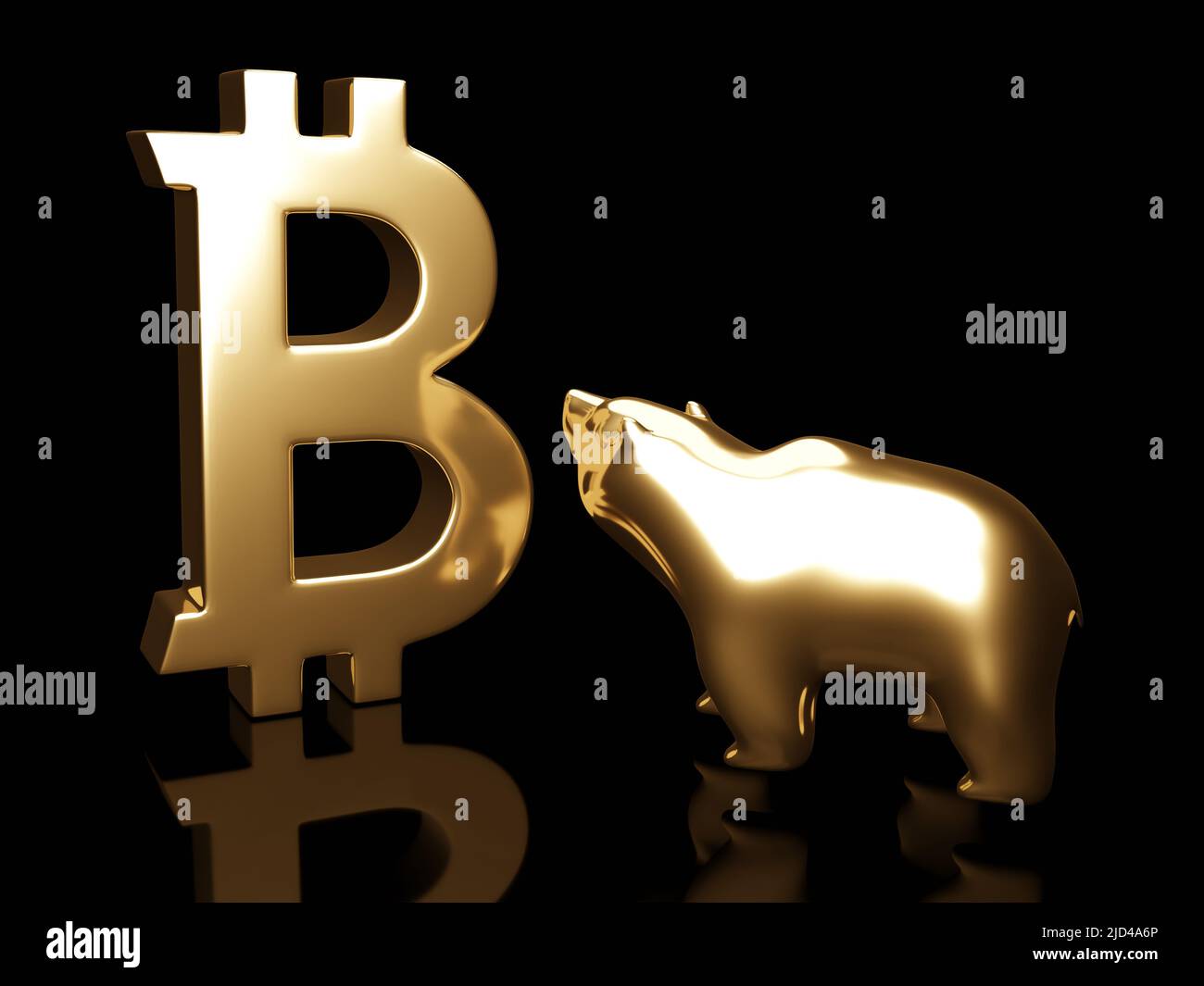 3d render of bitcoin symbol and bear over dark. Bitcoin cryptocurrency ...