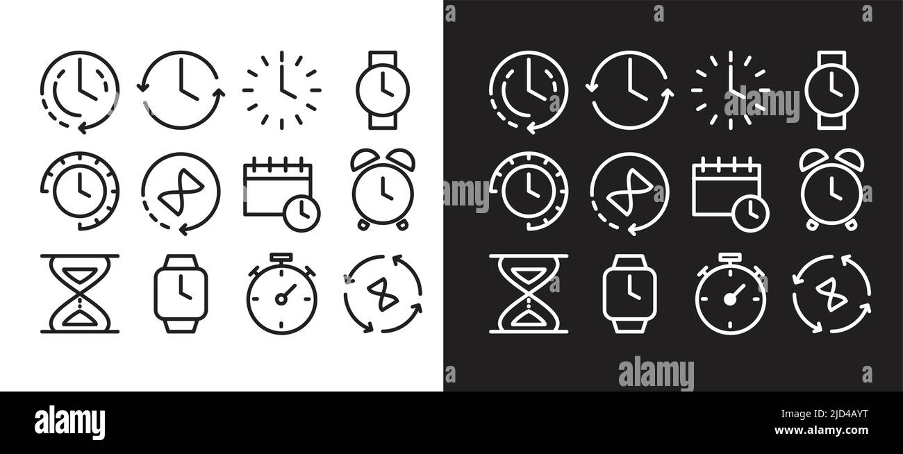 Clock time symbol vector icon set isolated on black and white ...