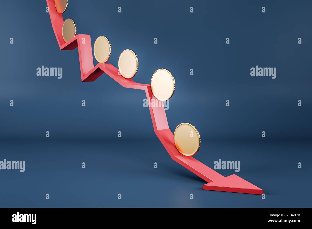 Global financial crisis concept with red arrow going down with golden coins on it at blue ...