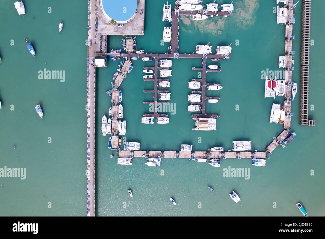 Aerial View Top down Drone shot of Yacht and sailboat parking in marina ...