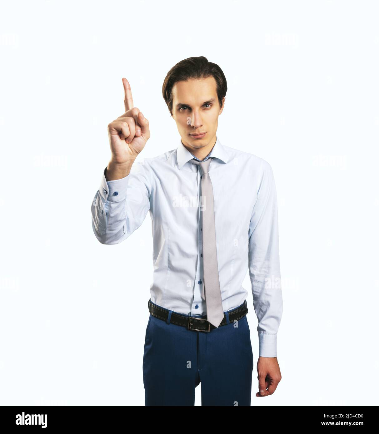 Warning and notification concept with young man with rising up index ...