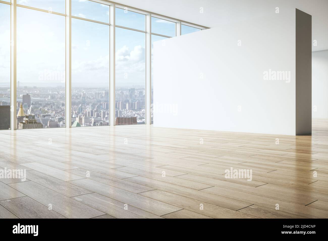 Perspective view on blank white partition in empty spacious office area ...