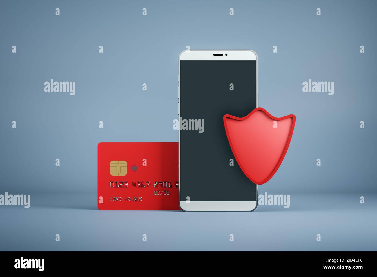 Online banking safety and mobile transactions concept with red shield, credit card and modern ...