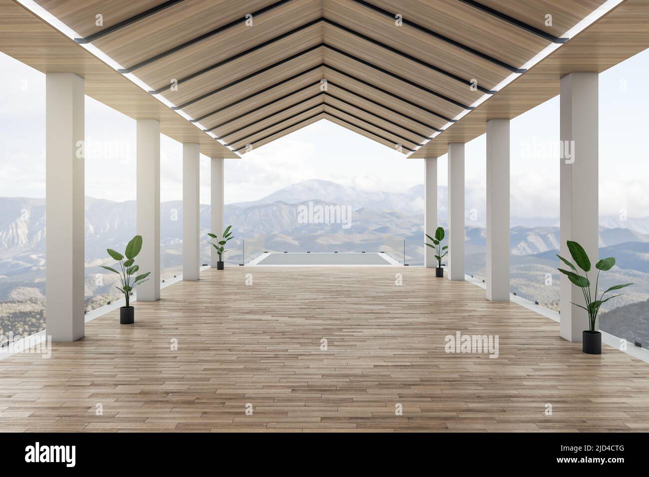 Front view on eco style opened terrace with great viewpoint high above ...