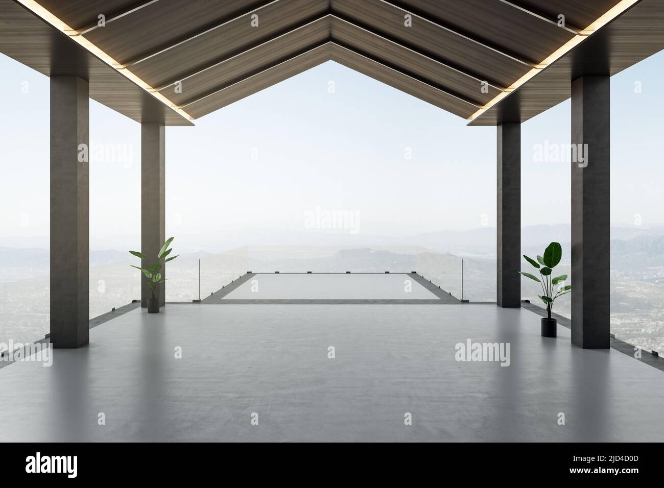 Front view on viewpoint in opened modern empty terrace high above the ...