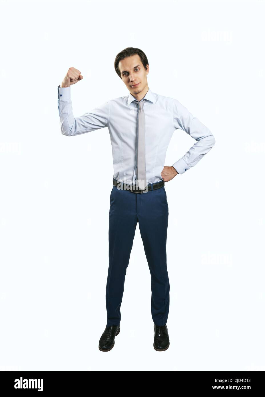 Buiness leader concept with young man in white shirt raising his hand ...