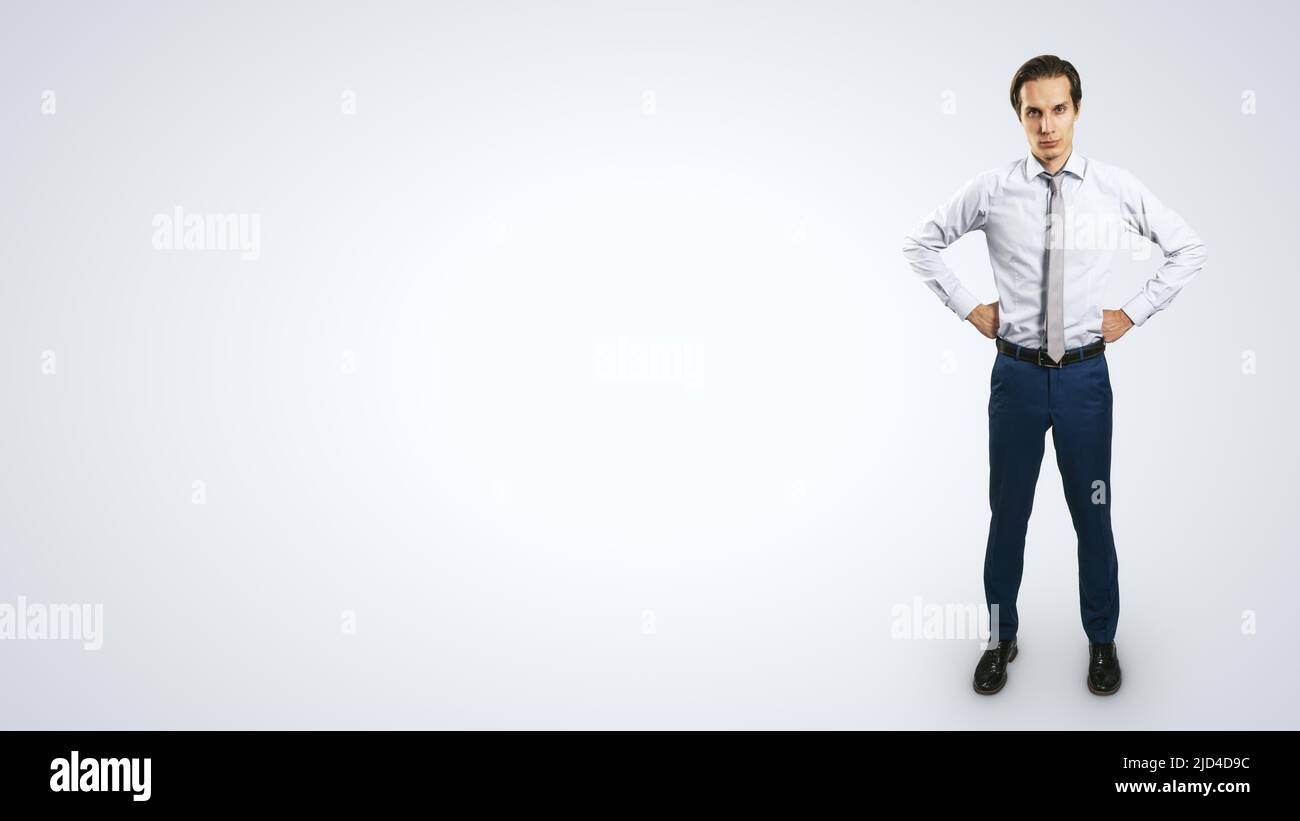 Strength and confidence concept young smart guy on blank white ...