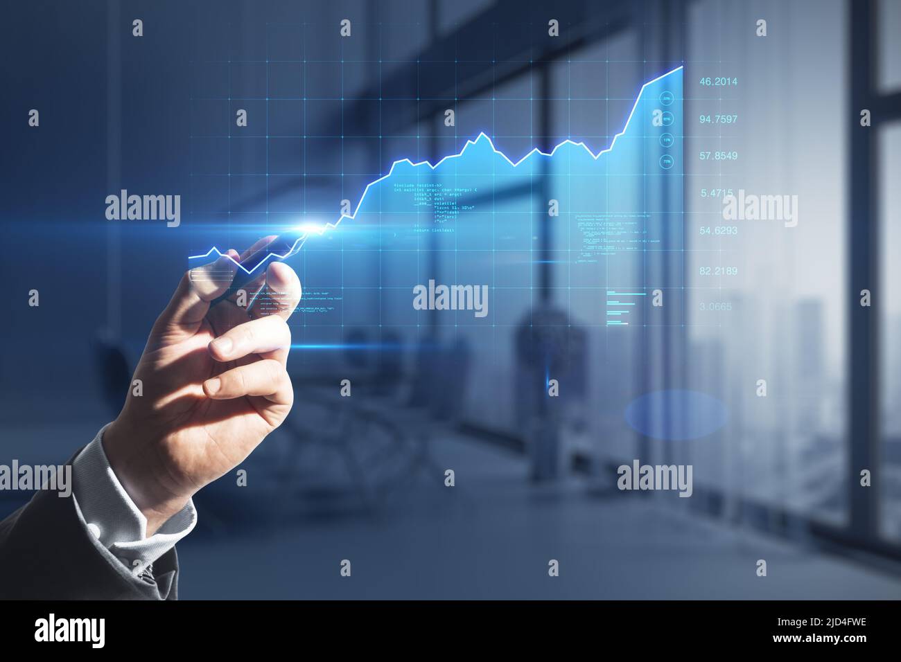 Analytics and investing concept with businessman hand touching virtual screen with stock market ...