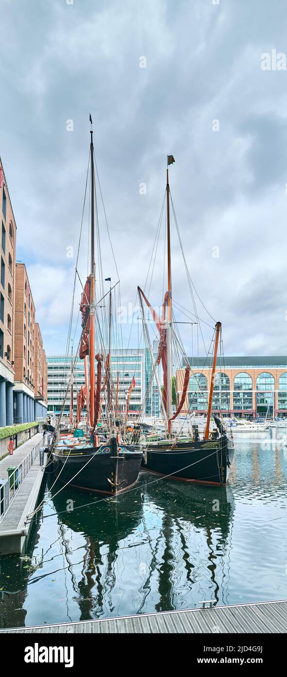 Sailing barges moored in the marina at St Katharine's Docks, London ...