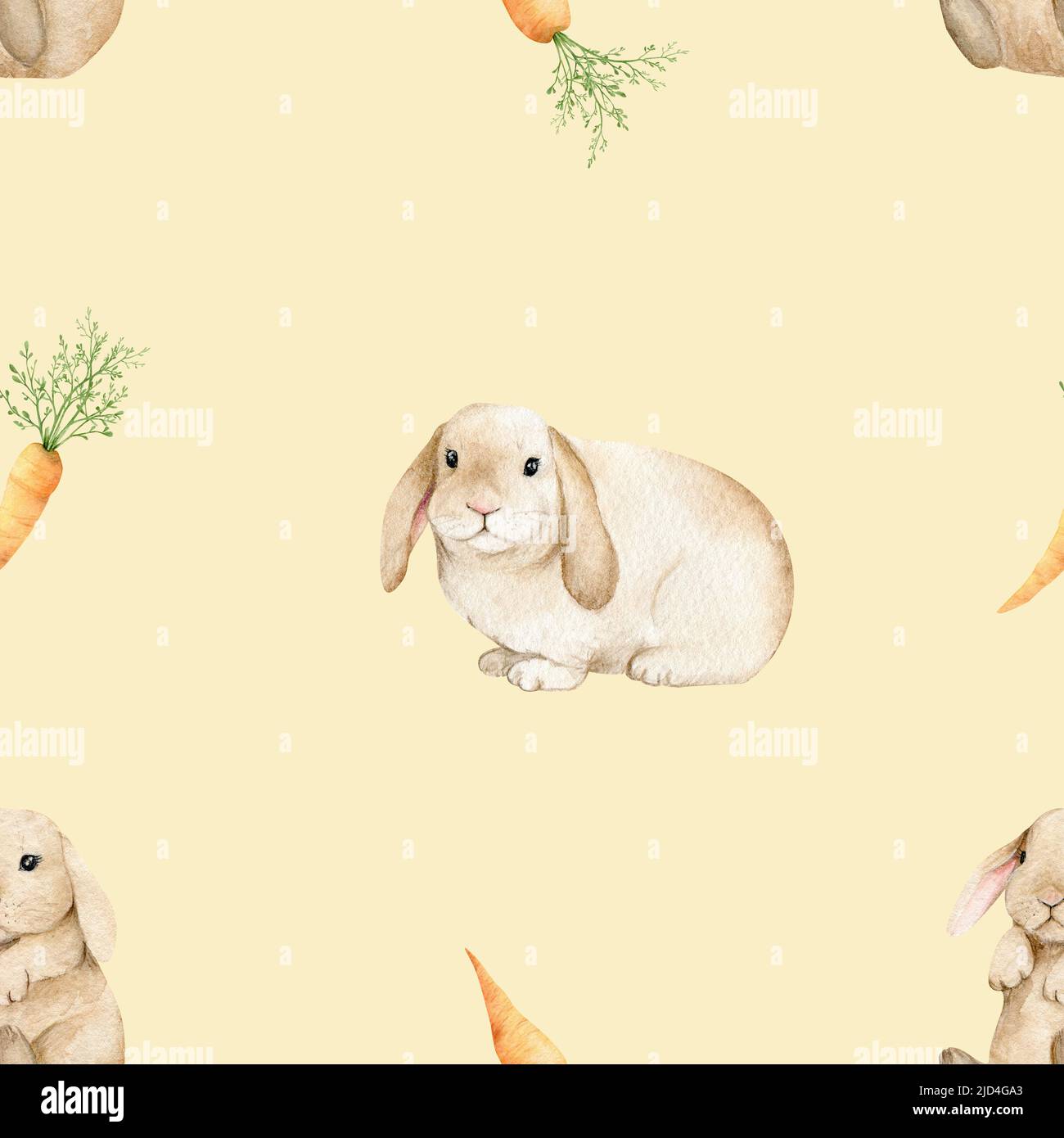 Cute Bunny with carrot seamless pattern. Hand drawn watercolor animals ...