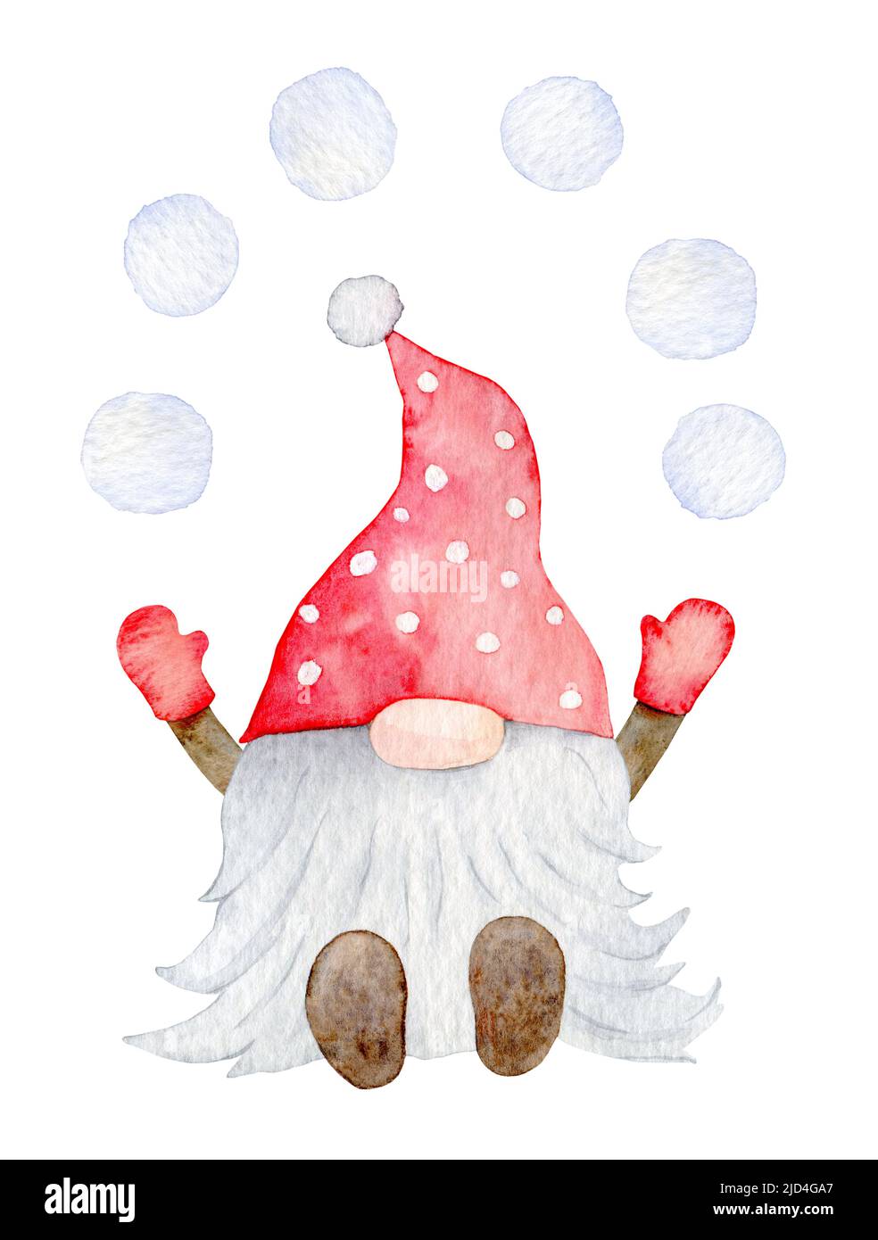 Adorable Christmas Gnome, scandinavian elf with snowballs, watercolor ...