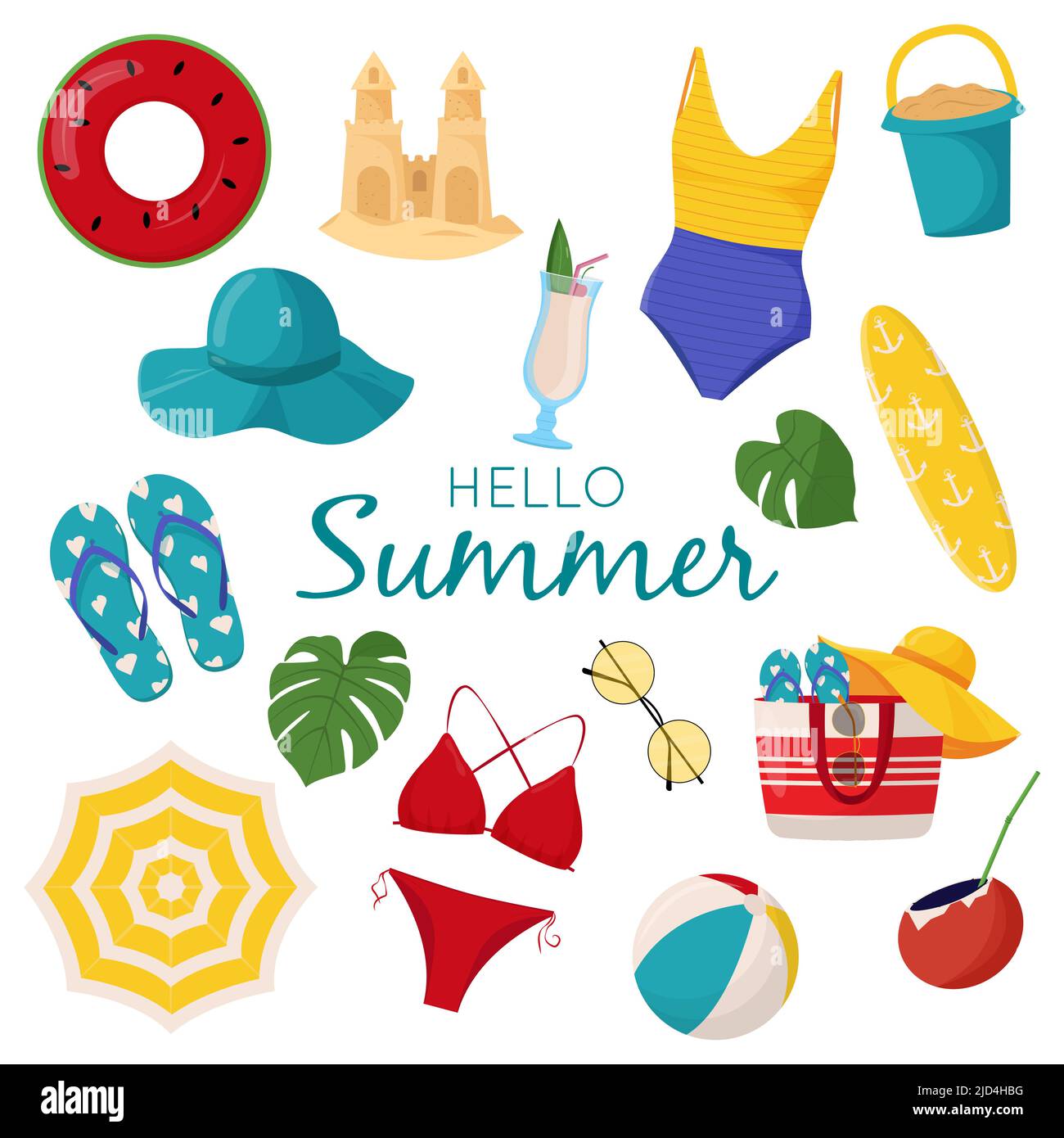 Set of cute summer elements: surfboard, cocktail, bag, hat, palm tree ...