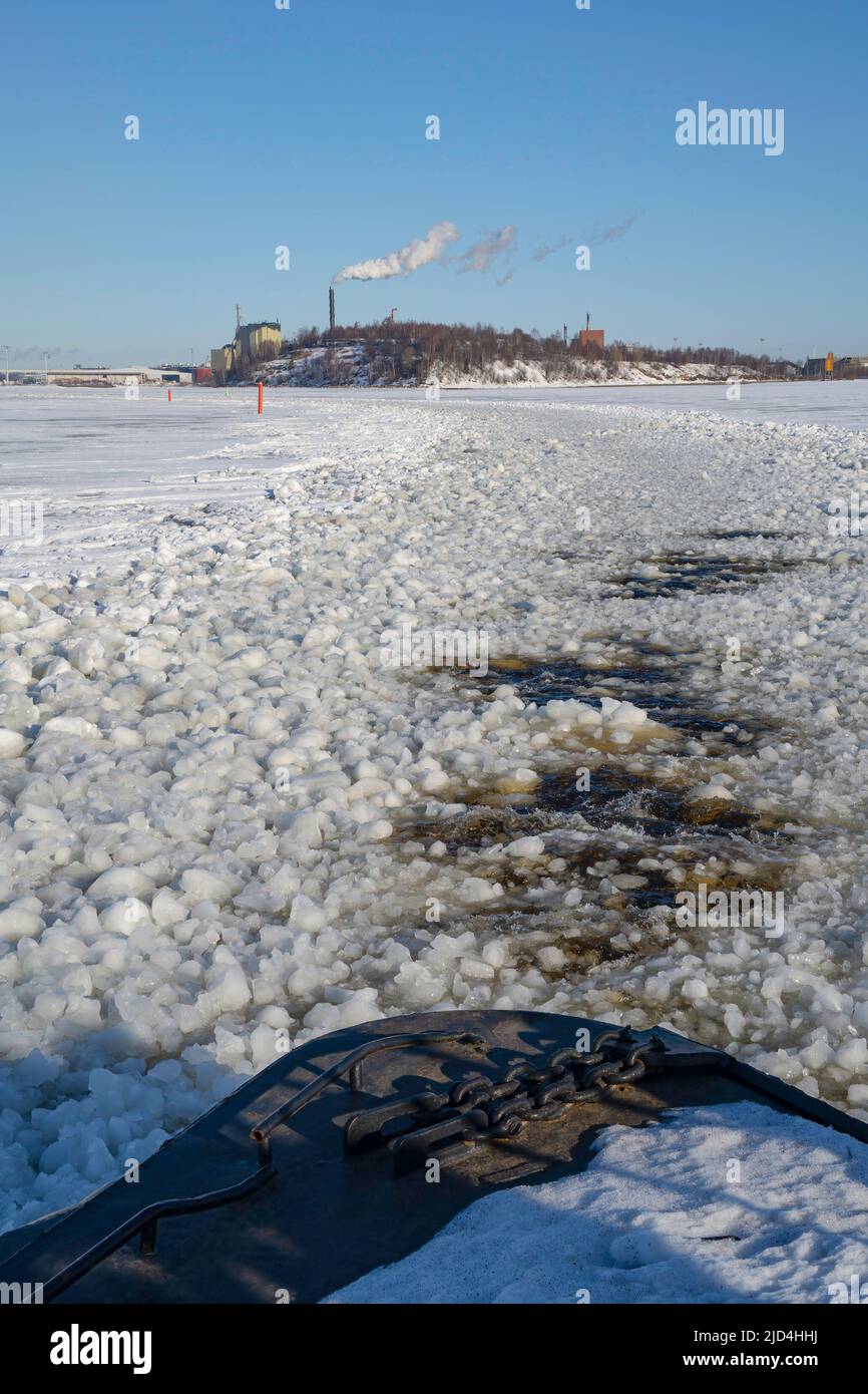 A look from the stern of an icebreaker at the trail of broken ice it ...