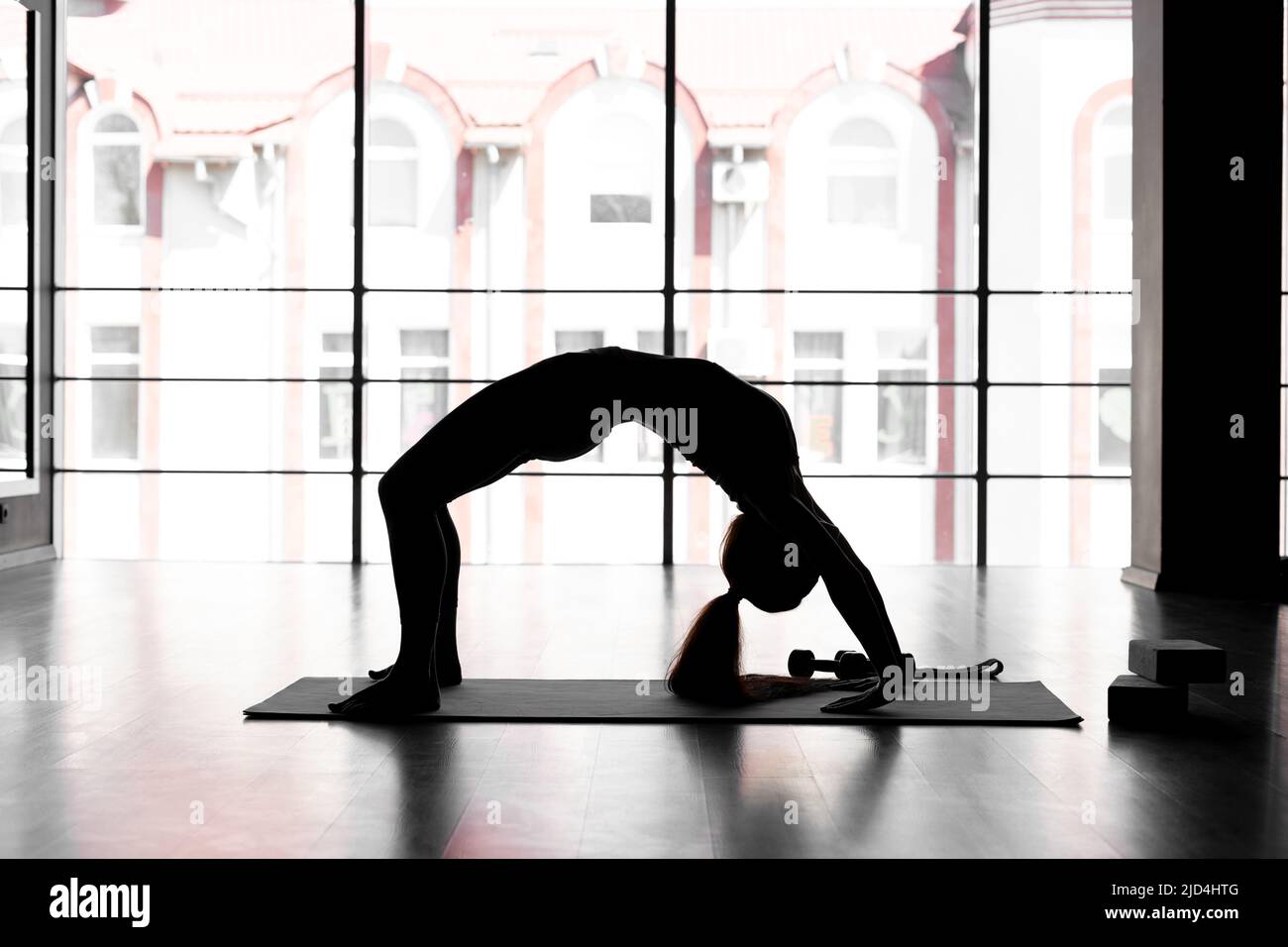silhouette of a yogi woman doing elbow bridge exercises, Dwi Pada ...