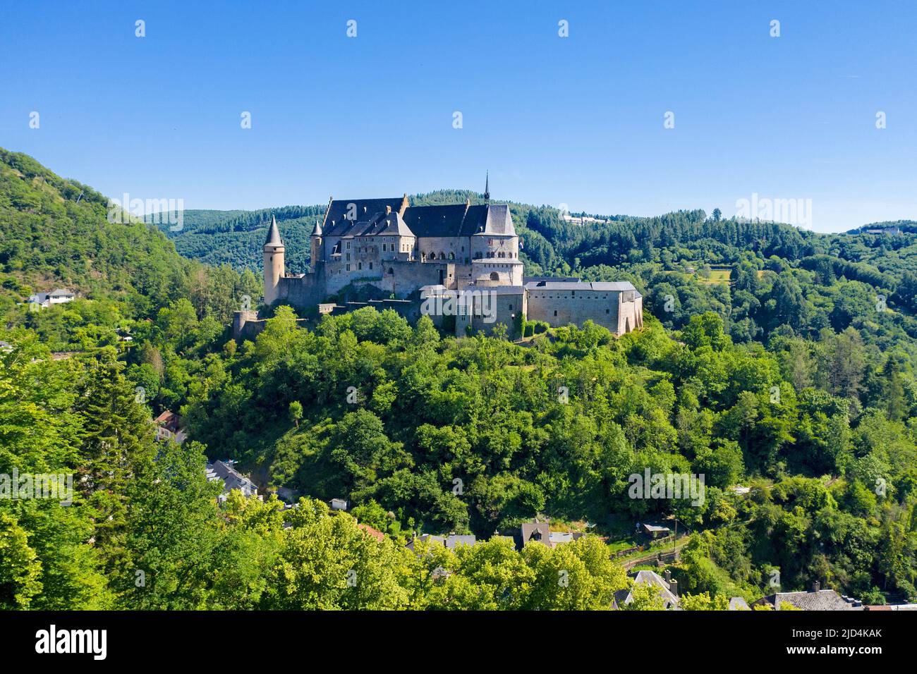 Aerial view of Vianden castle, canton of Vianden, Grand Duchy of ...