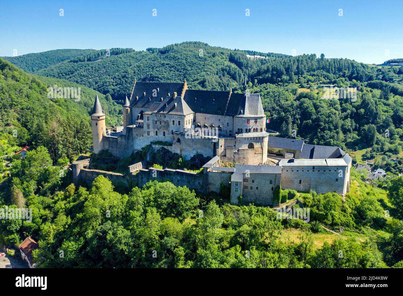 Aerial view of Vianden castle, canton of Vianden, Grand Duchy of ...