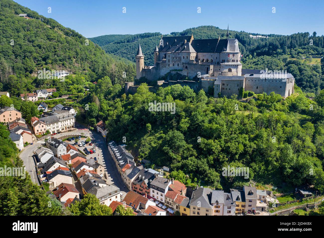 Aerial view of Vianden castle, canton of Vianden, Grand Duchy of ...