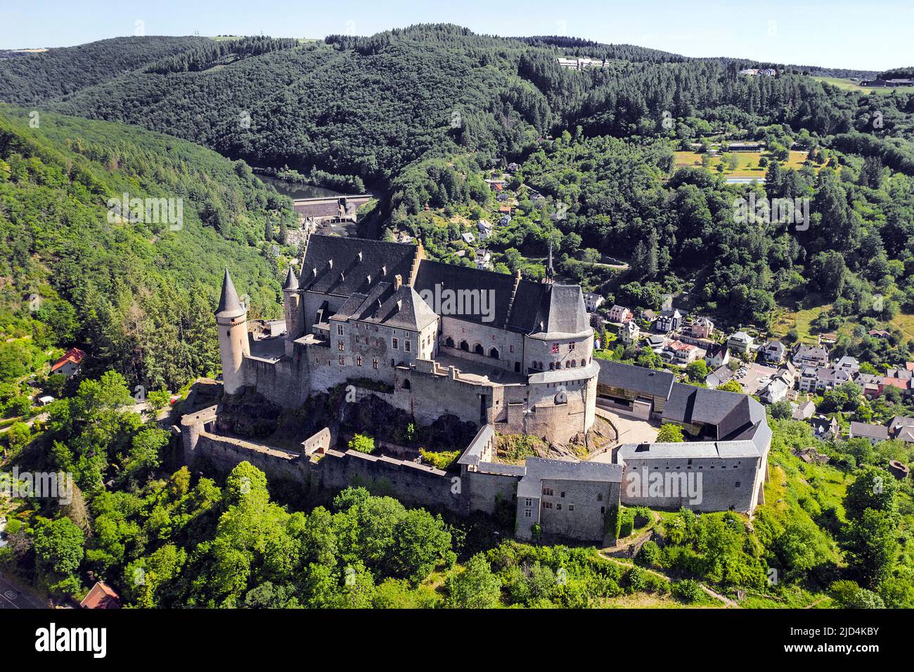 Aerial view of Vianden castle, canton of Vianden, Grand Duchy of ...