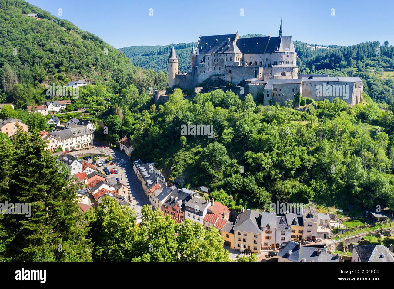 Aerial view of Vianden castle, canton of Vianden, Grand Duchy of ...