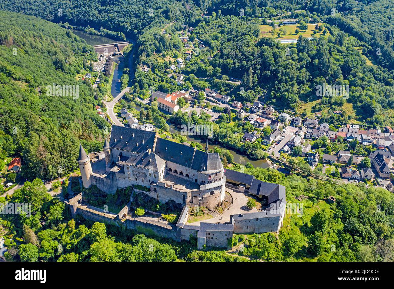 Aerial view of Vianden castle, canton of Vianden, Grand Duchy of ...
